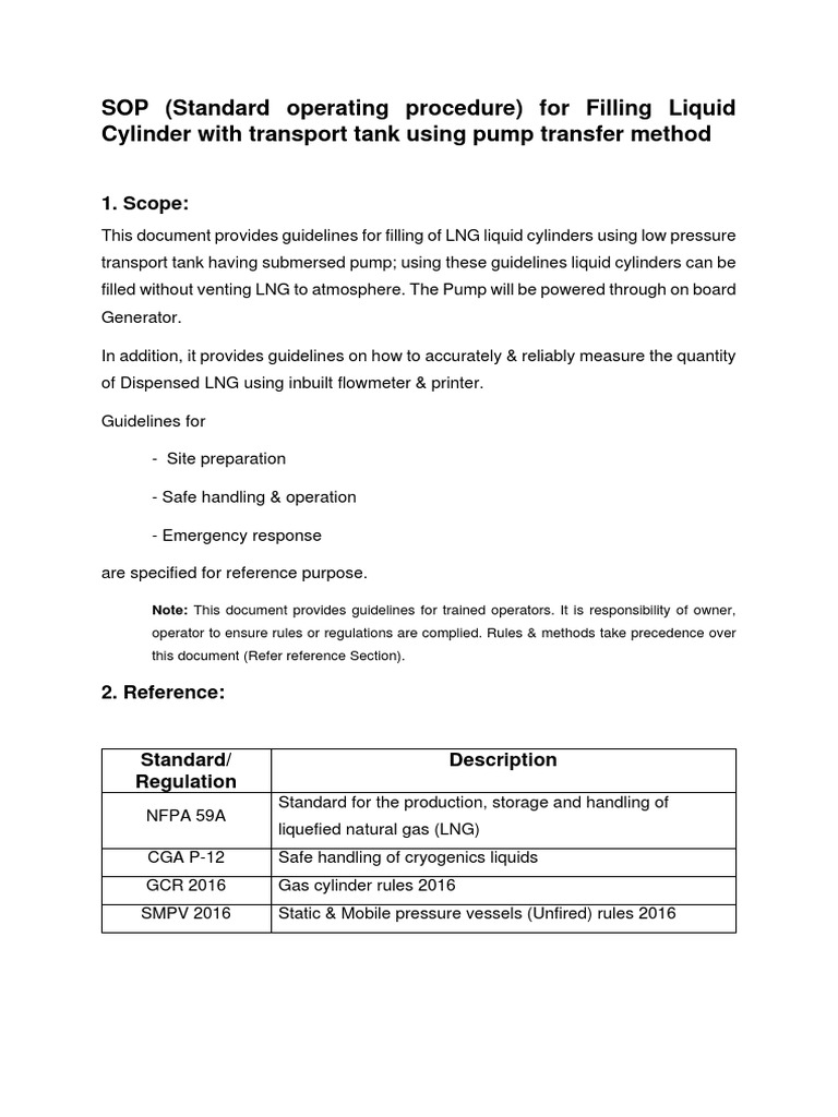 SOP For Filling Liquid Cylinder Using Pump Transfer Method Rev 1 PDF ...