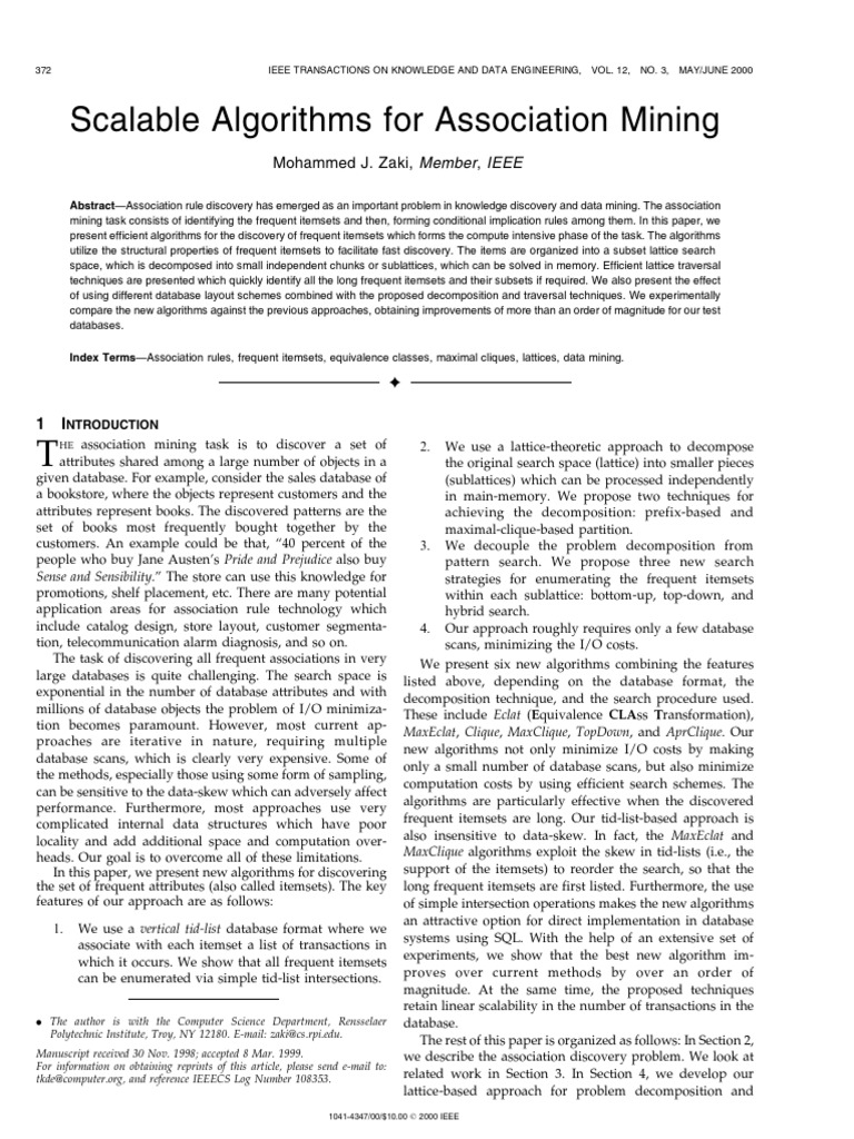 Scalable Algorithms For Association Mining: Mohammed J. Zaki, Member, IEEE | Download Free PDF ...