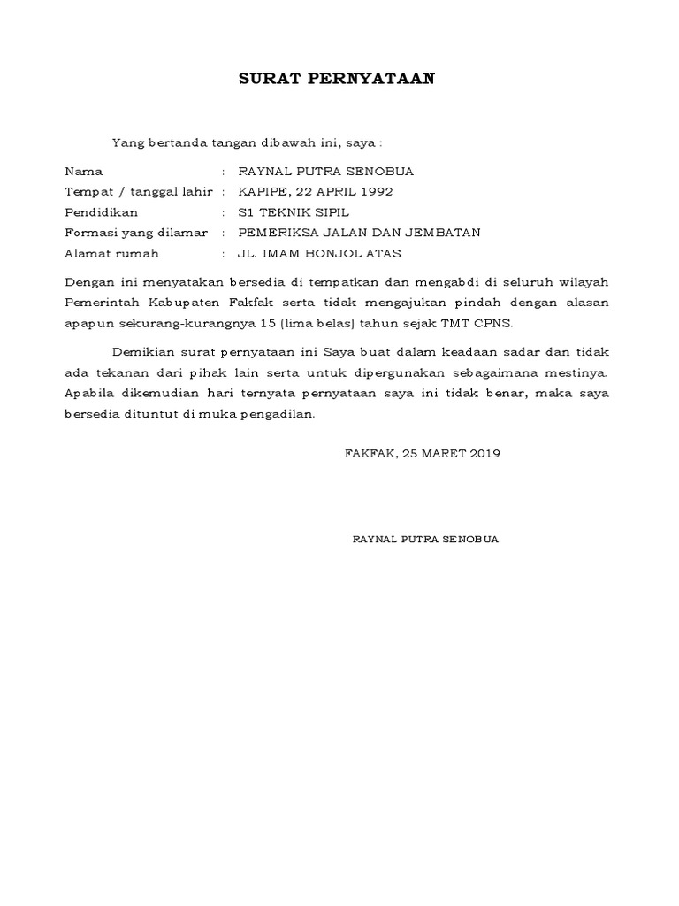 Contoh Surat Pernyataan Mengabdi | PDF