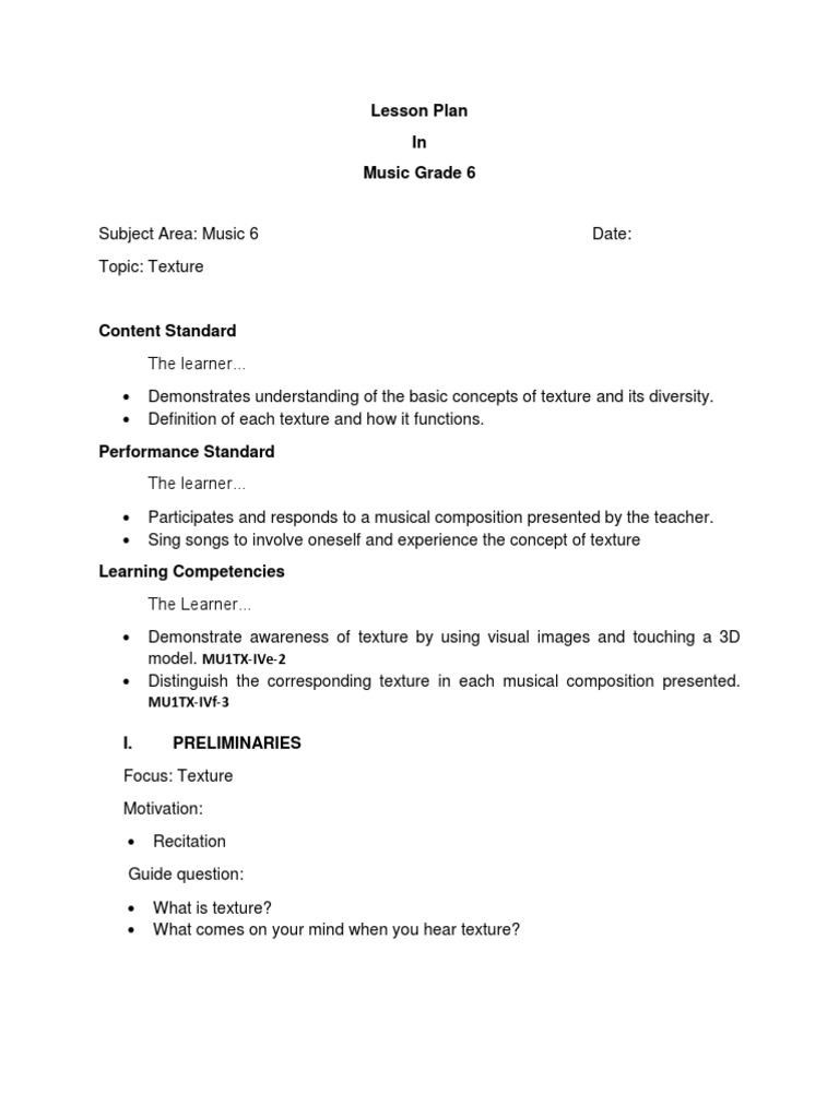 Lesson Plan in Music Grade 6: Mu1Tx-Ive-2 Mu1Tx-Ivf-3 | PDF | Singing ...
