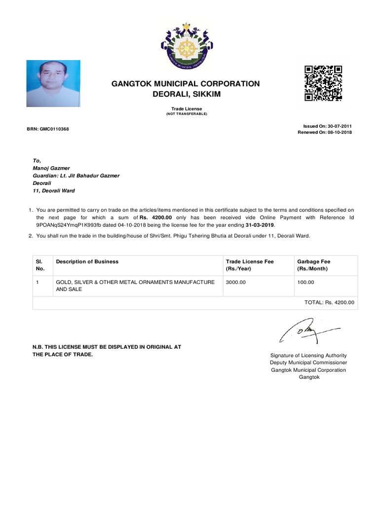 Gangtok Municipal Corporation Deorali, Sikkim: Trade License | PDF ...