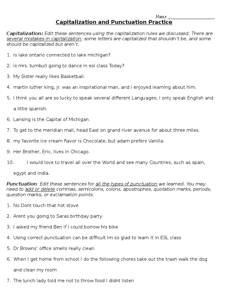 Capitalization and Punctuation Practice | PDF | Punctuation | Language ...
