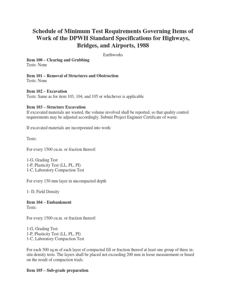 DPWH - Minimum Test Requirements | PDF | Road Surface | Asphalt