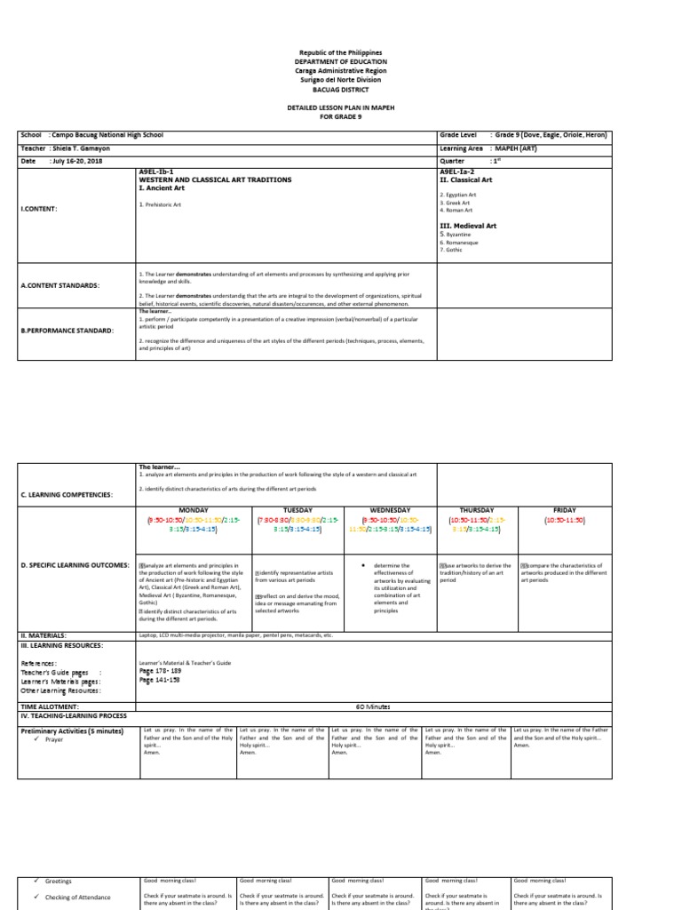 A Detailed Lesson Plan in Arts (1st Quarter) | PDF | Paintings | Sculpture