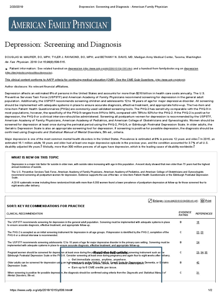 Depression - Screening and Diagnosis - American Family Physician PDF ...