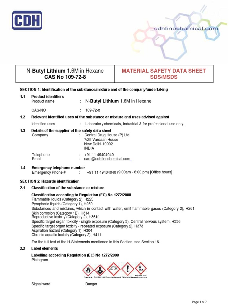 N-Butyl Lithium 1.6M in Hexane: CAS No 109-72-8 | PDF | Toxicity ...