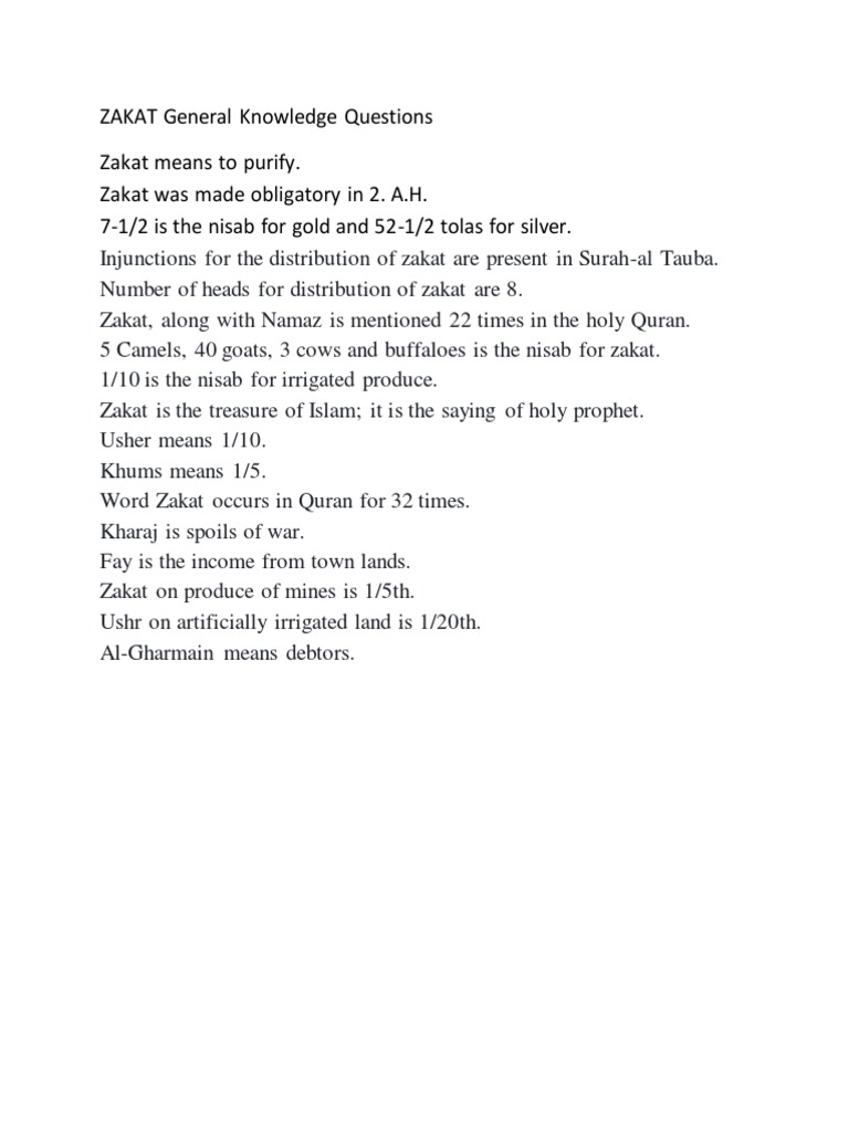 ZAKAT General Knowledge Questions PDF | PDF | Islamic Jurisprudence ...