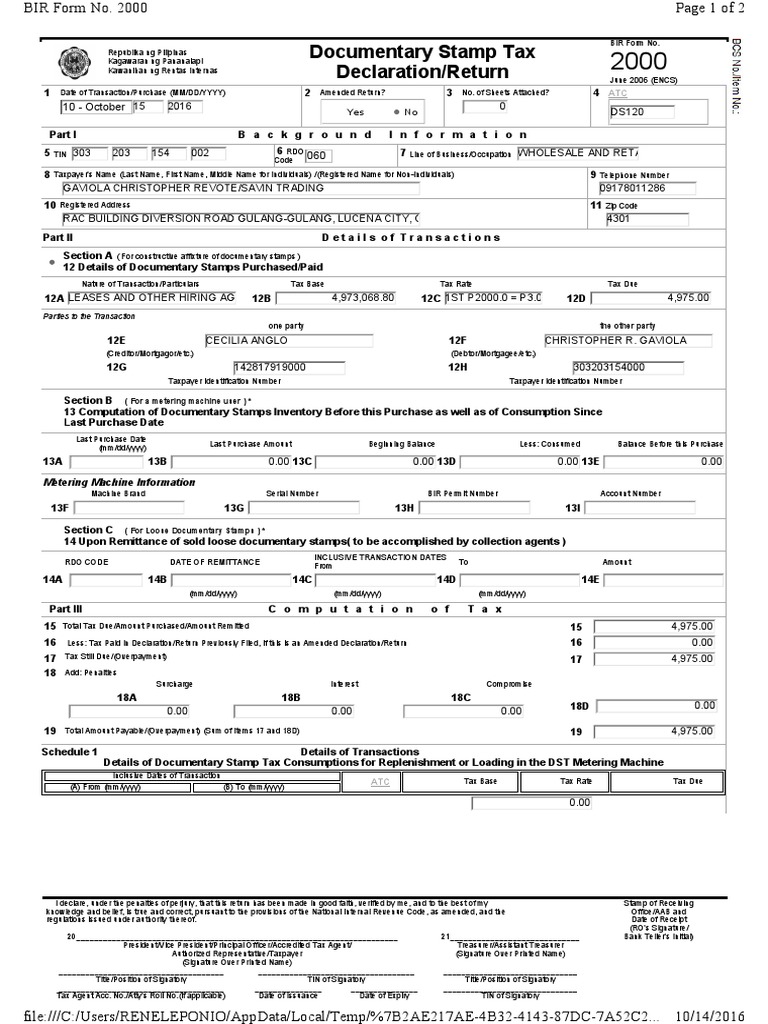 Lease Agreement Declaration and Computation of Documentary Stamp Tax ...