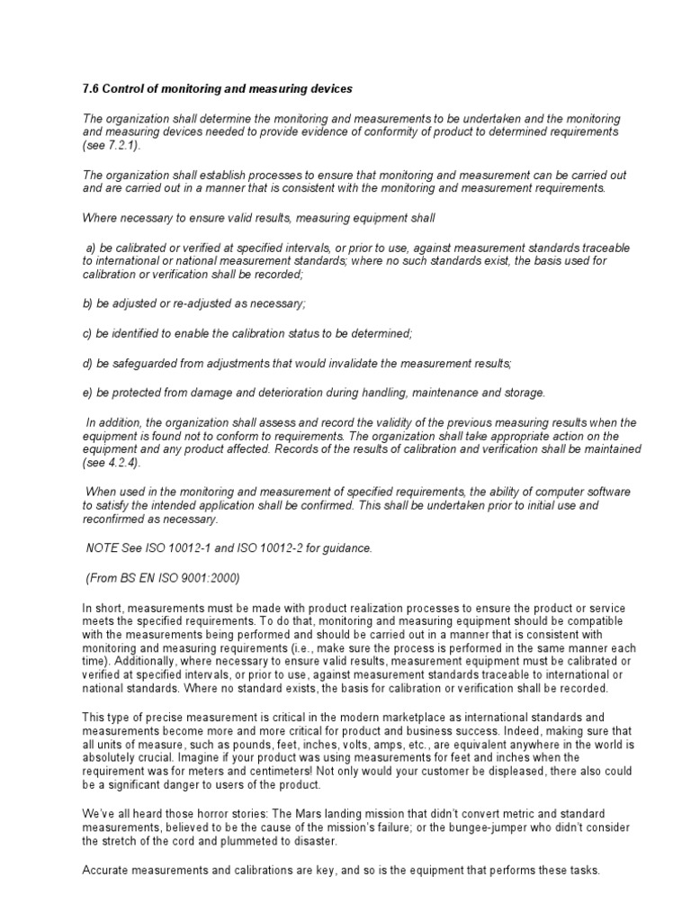 7.6 Control of Monitoring and Measuring Devices | PDF | Calibration | Clock
