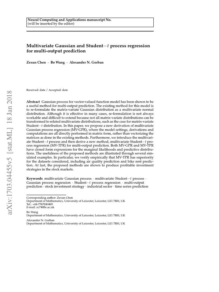 Multivariate Gaussian and Student T Process Regression For Multi-Output Prediction | PDF ...