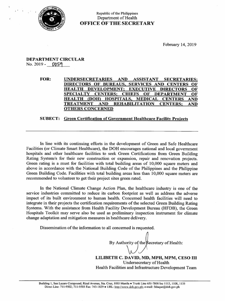 DOH Circular No. 2019-0059: Green Certification of Government Health ...