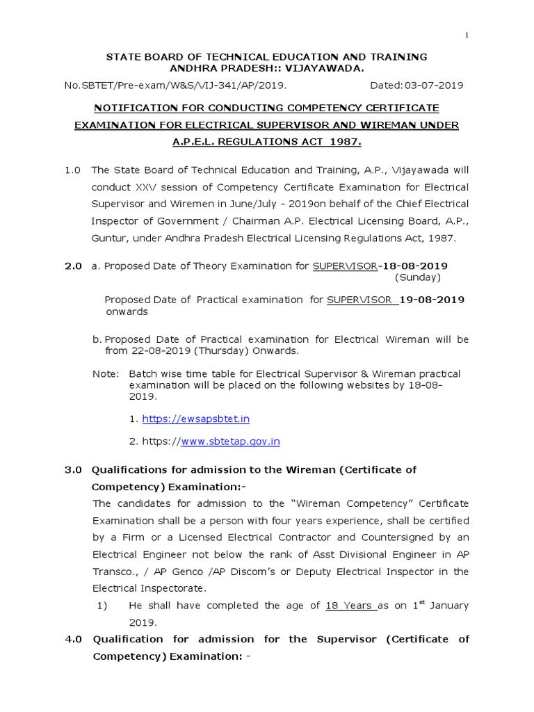Electrical Wiremen & Supervisor Exam Notification - June 2019-Final ...