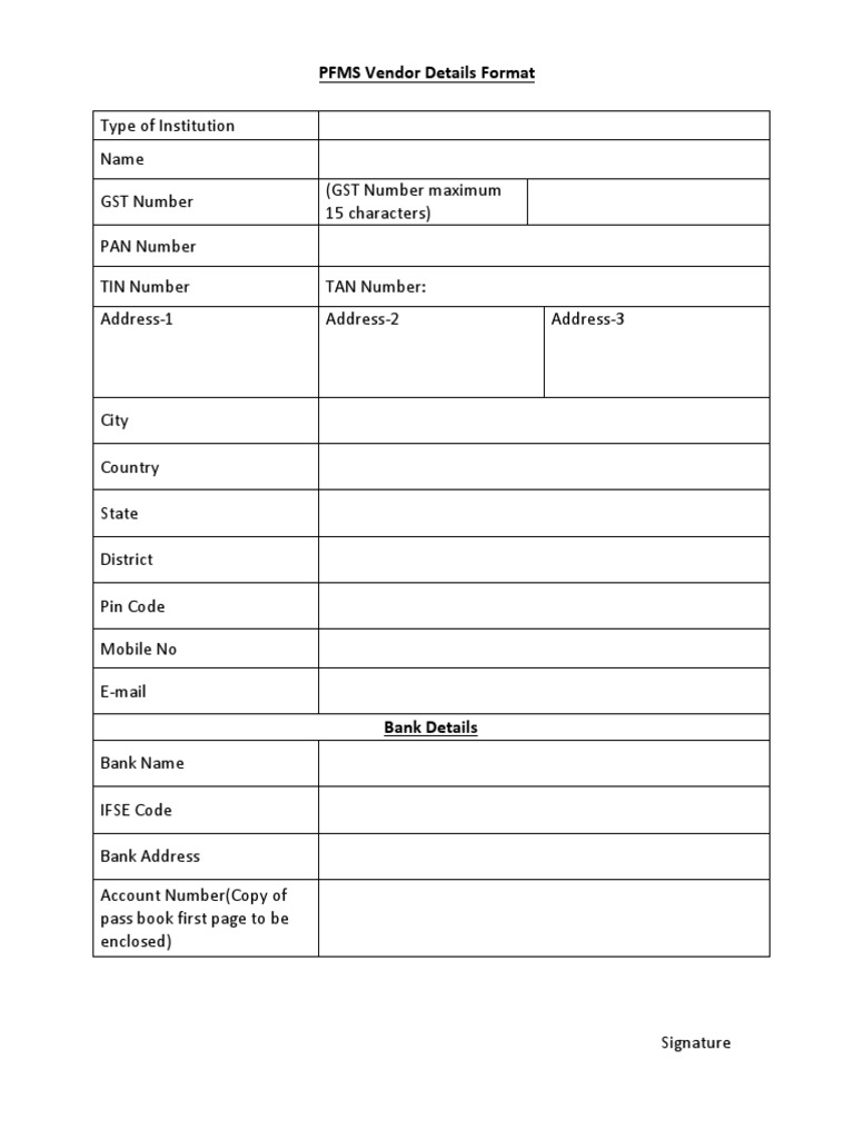 PFMS Vendor Registration Details Format | PDF