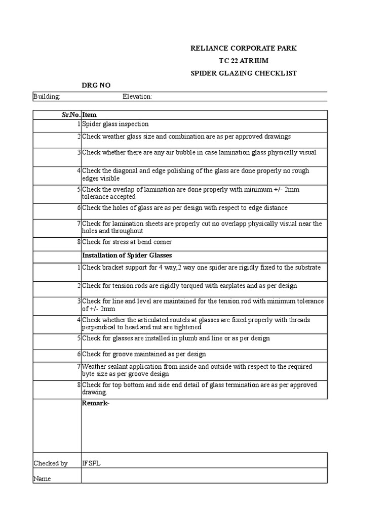 Spider Glazing Inspection Checklist | PDF