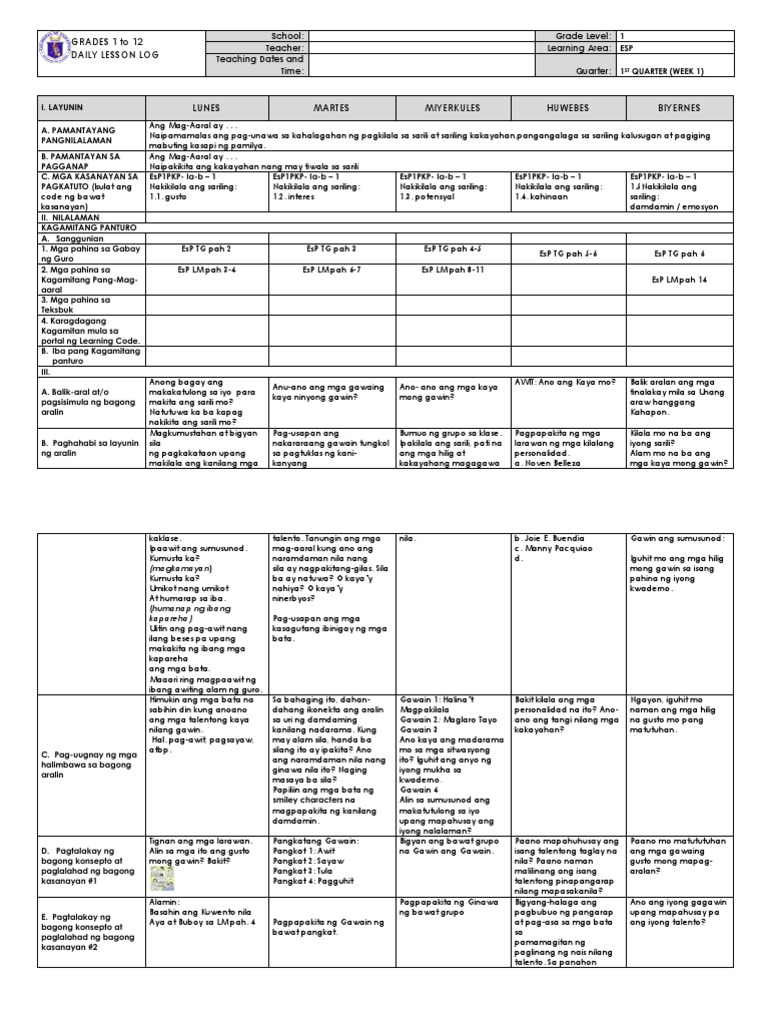 Grade 1 DLL Esp Q1 W1 | PDF