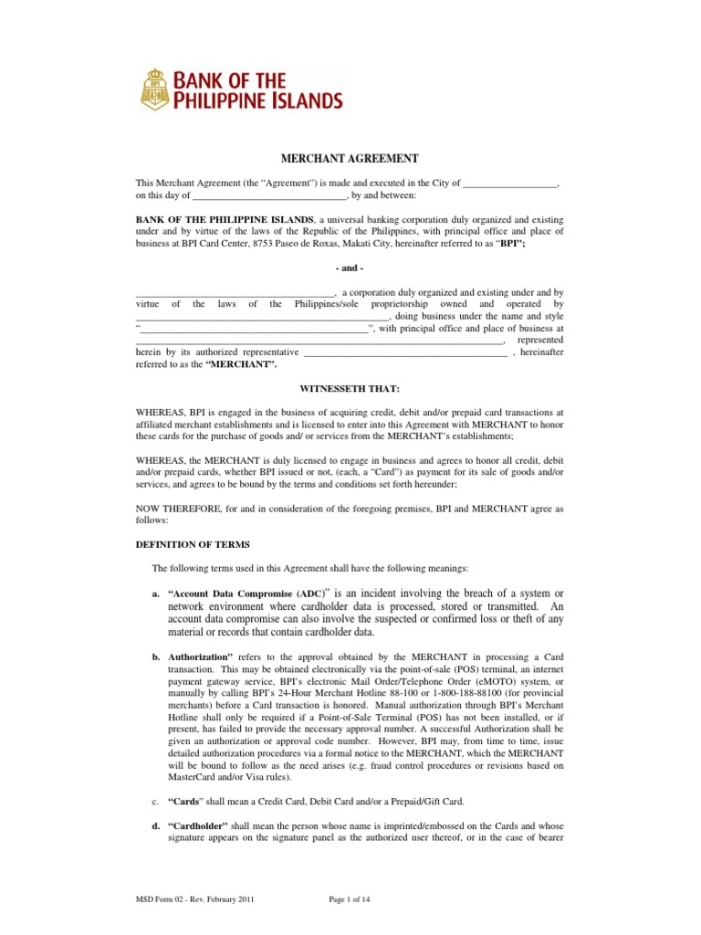 ME BPIMerchantAgreementNEW PDF | PDF | Debit Card | Visa Inc.