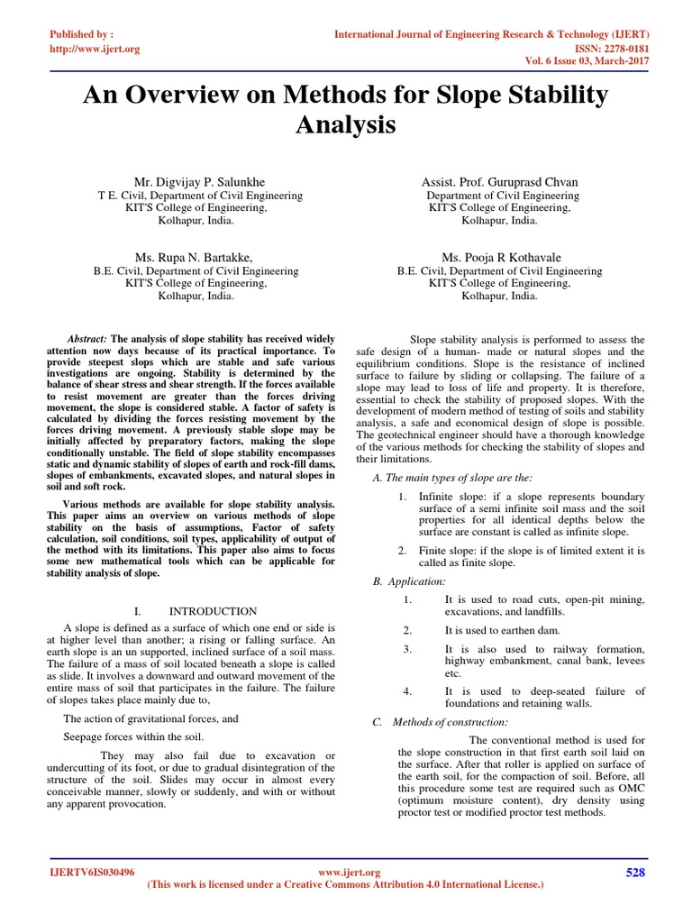 An Overview On Methods For Slope Stability Analysis: Mr. Digvijay P. Salunkhe Assist. Prof ...