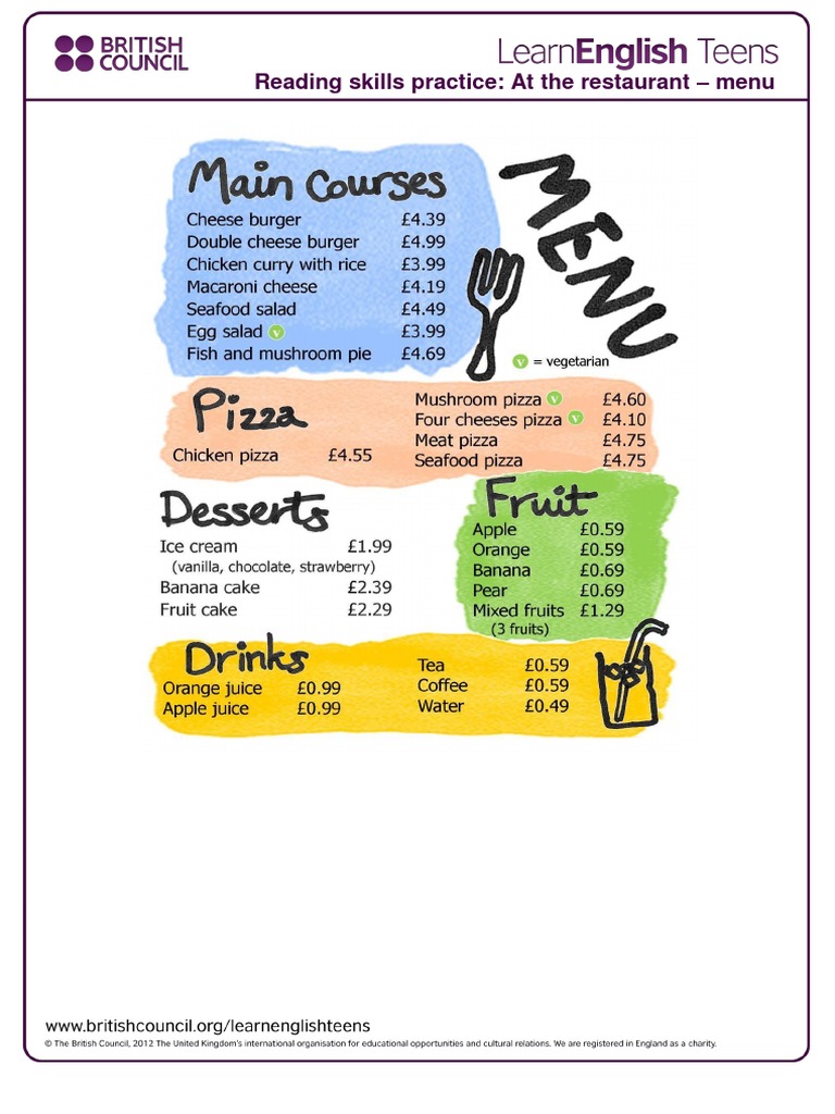 At The Restaurant - Menu 2 | PDF