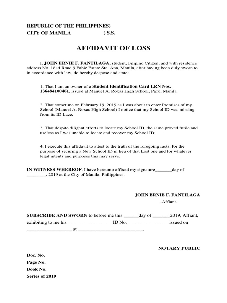 Affidavit of Loss Sample | PDF