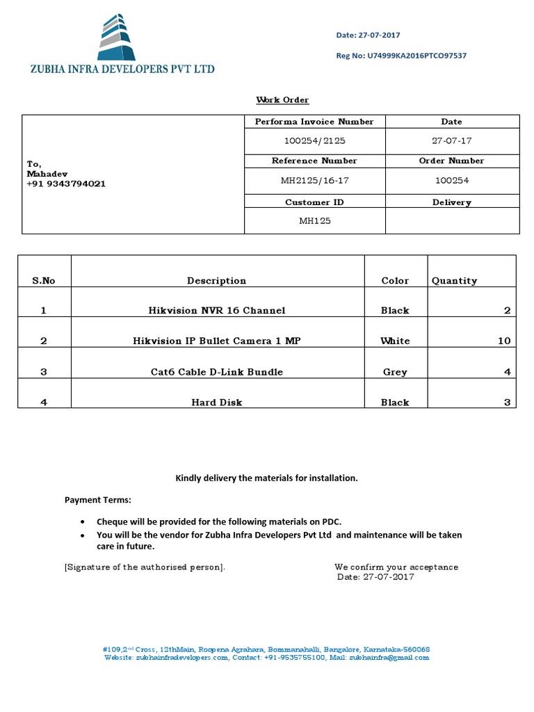 Work Order Performa Invoice Number Date: Date: 27-07-2017 Reg No ...