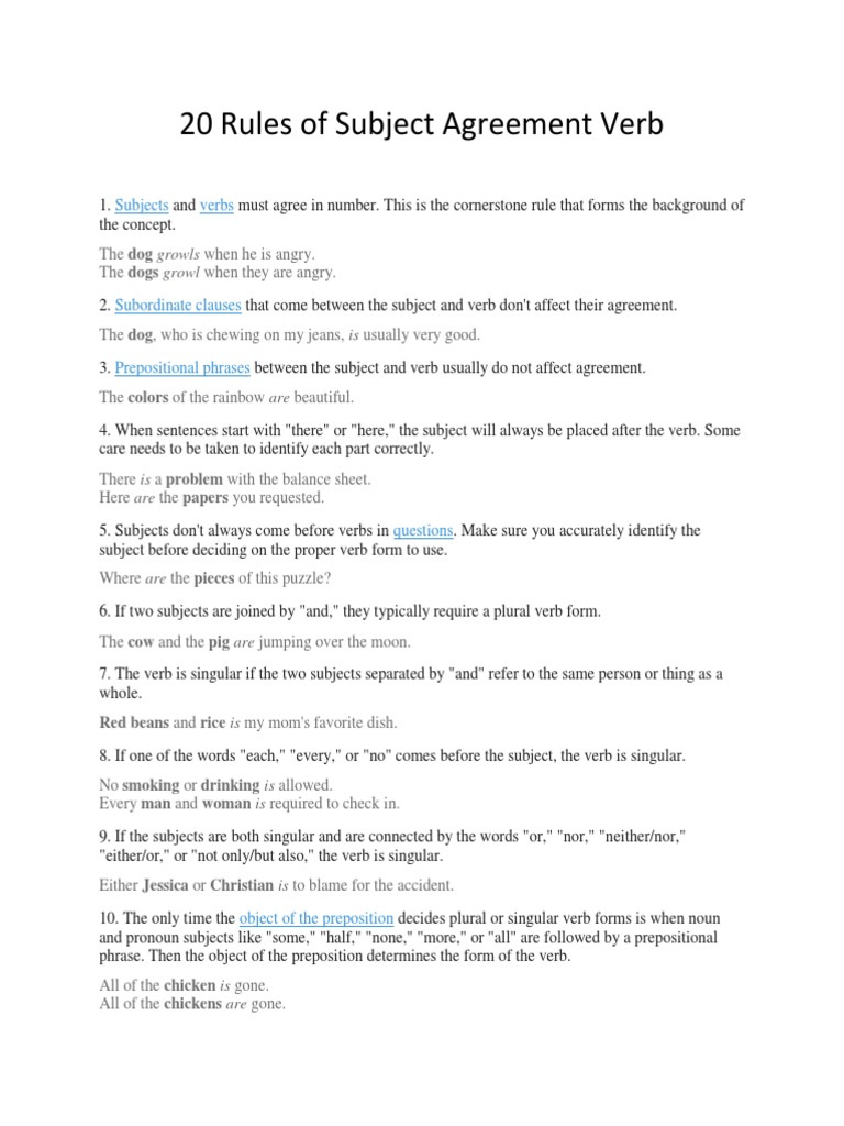 20 Rules of Subject Agreement Verb | Download Free PDF | Grammatical ...