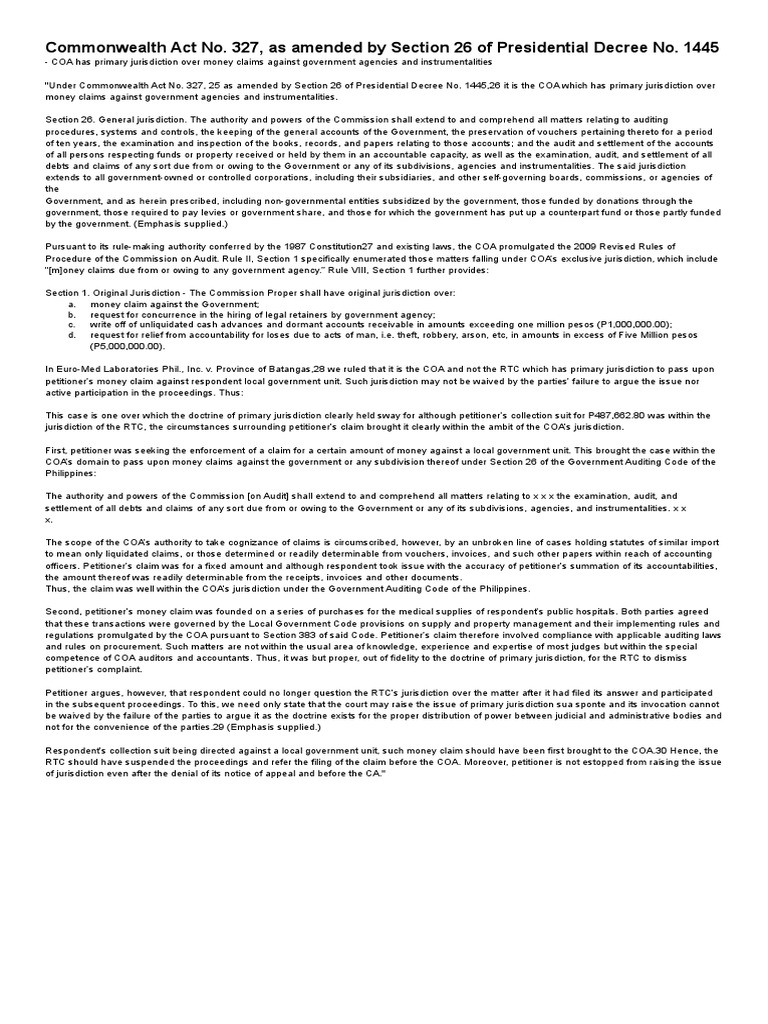 Commonwealth Act No. 327 As Amended by PD 1445 | PDF | Jurisdiction ...