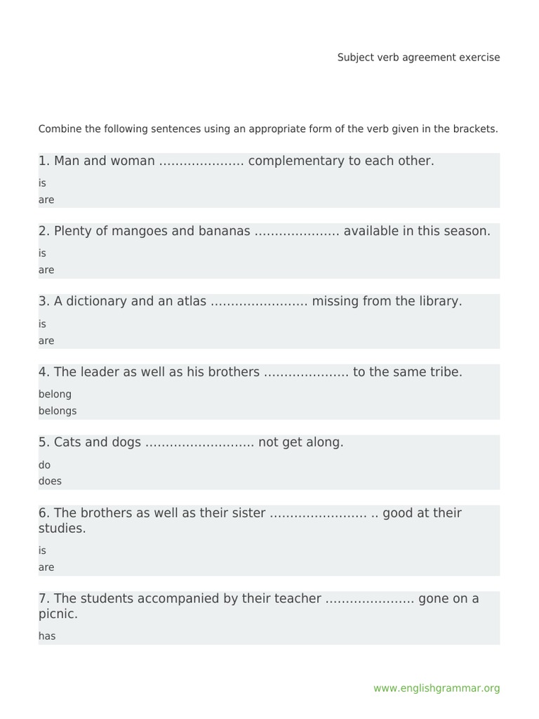 Subject Verb Agreement Exercise | PDF | Linguistic Typology | Communication