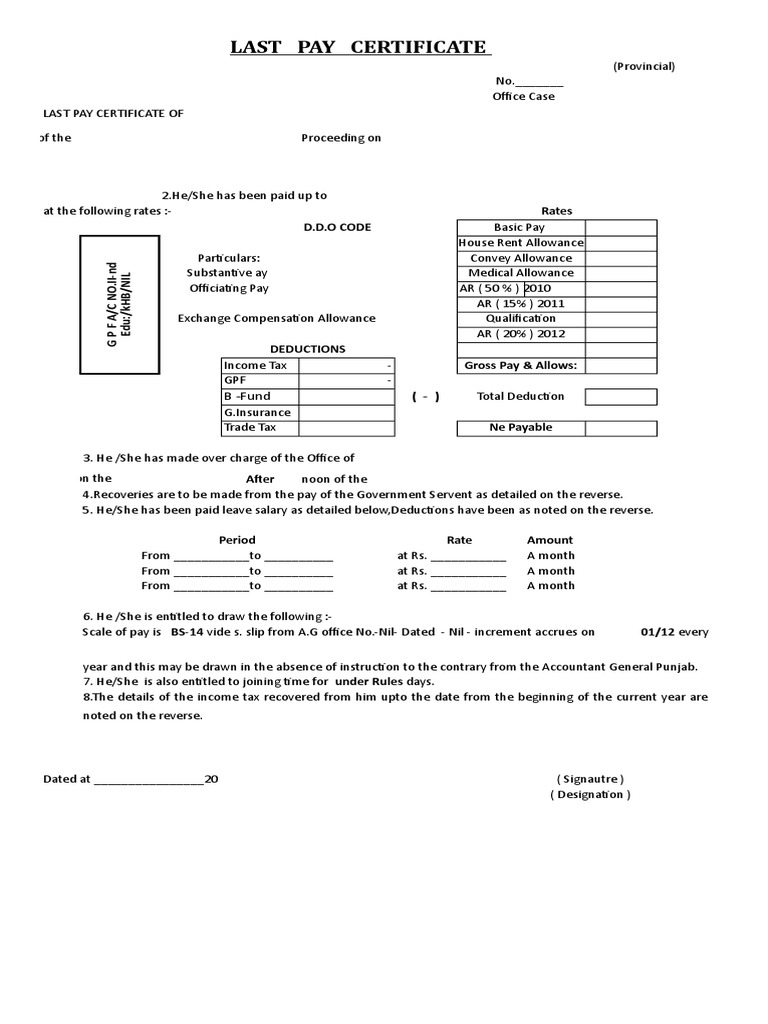 Last Pay Certificate Format for Govt Employees | PDF | Tax Deduction ...