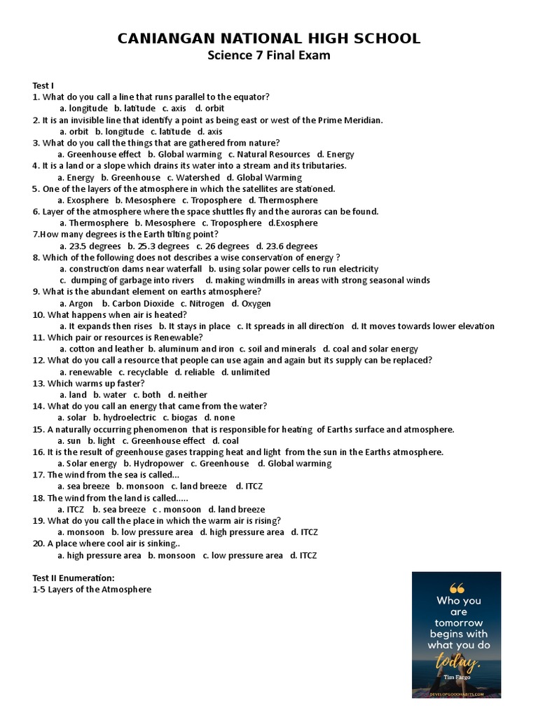 Final Exam Science 7 2018-2019 | PDF | Atmosphere Of Earth | Atmosphere
