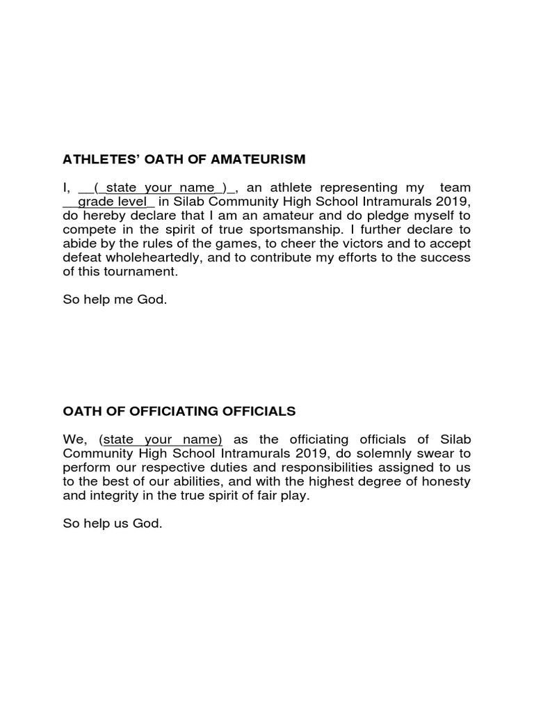 Oaths for Silab Intramurals 2019 | PDF | Sports & Recreation | Wellness