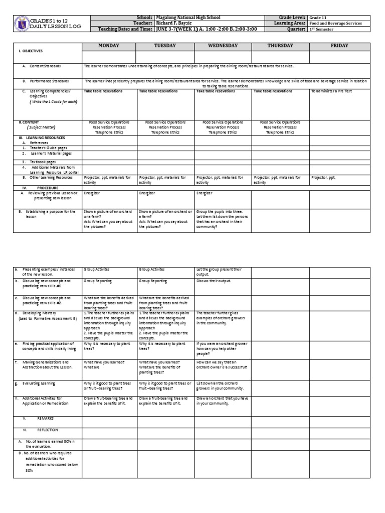 DLL FBS WK1 | PDF | Learning | Teachers