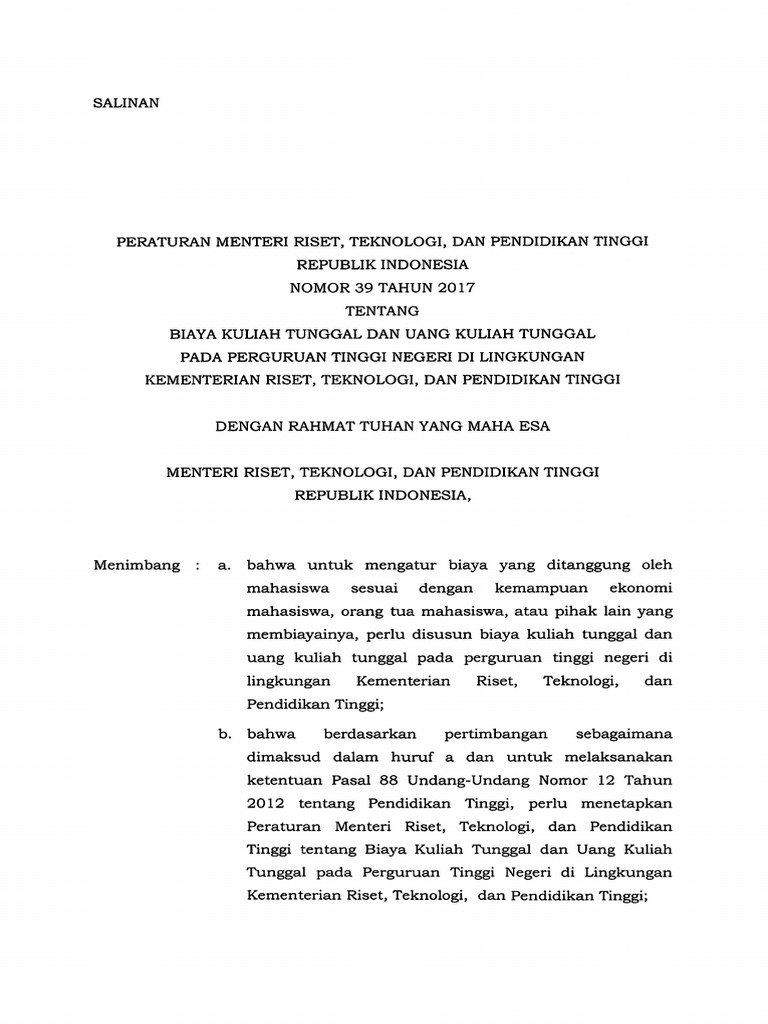 Permenristekdikti No 39 Tahun 2017 - Ukt BKT Di Ling. Kemenristekdikti PDF | PDF