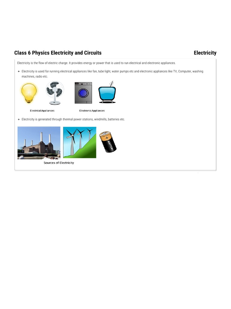 Class 6 Physics Electricity and Circuits Electricity | PDF ...