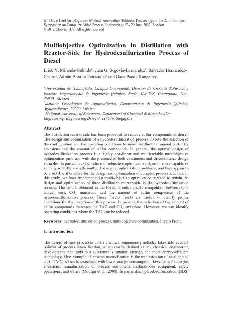 Multiobjective Optimization In Distillation With Reactor Side For Hydrodesulfurization Process