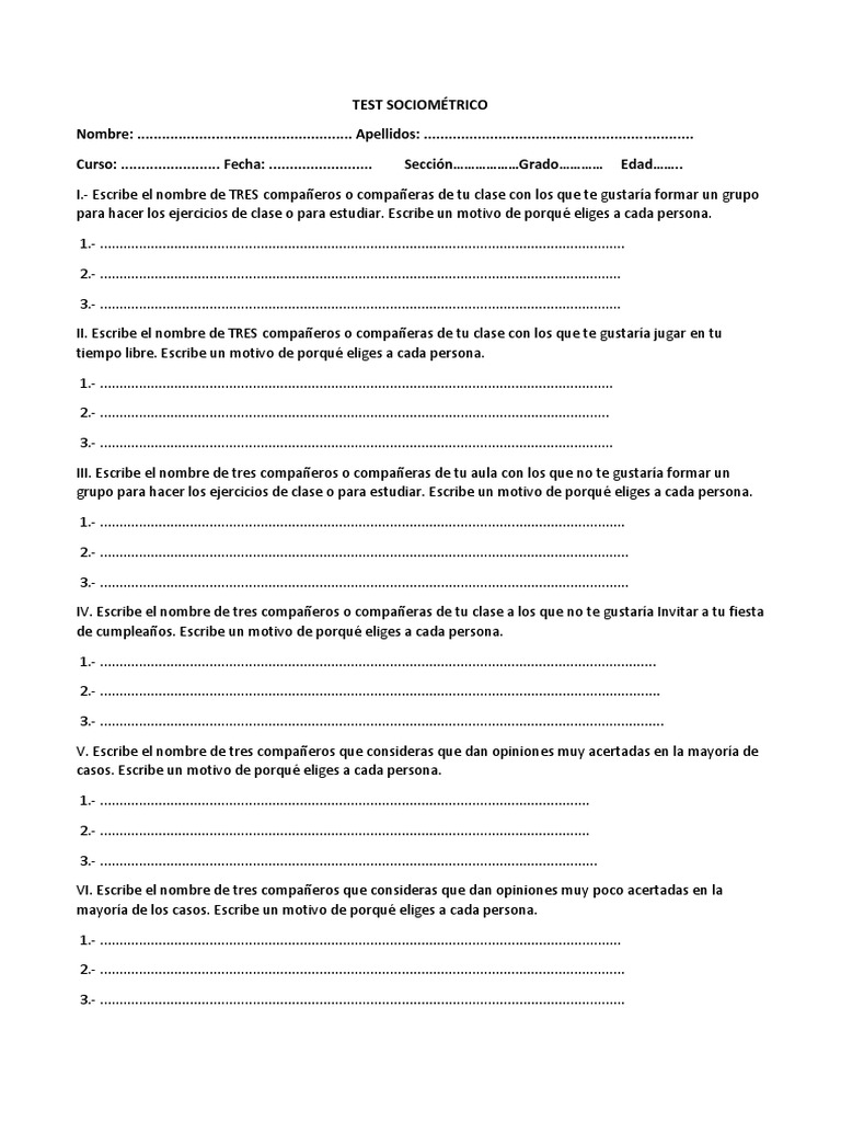 Test Sociométrico | PDF | Ocio | Deportes