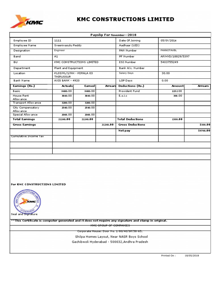 KMC Constructions Limited: Payslip For November - 2018 | PDF | Public ...