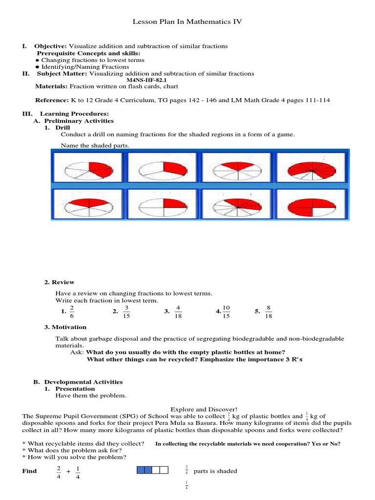 COT Math Lesson Plan | PDF | Fraction (Mathematics) | Subtraction