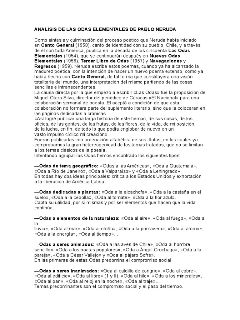 Análisis de Odas Elementales de Neruda | PDF | Poesía | Amor