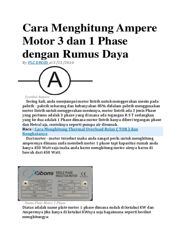 Cara Menghitung Ampere Motor 3 Dan 1 Phase Dengan Rumus Daya | PDF ...