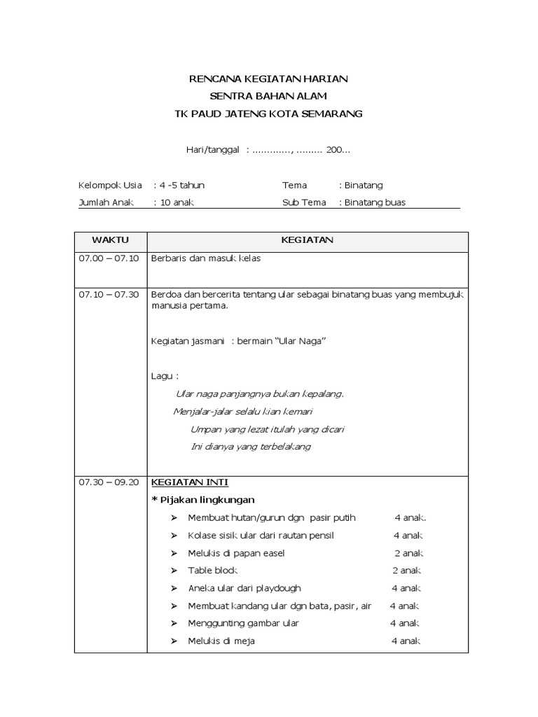 Contoh RKH Sentra Bahan Alam Paud | PDF