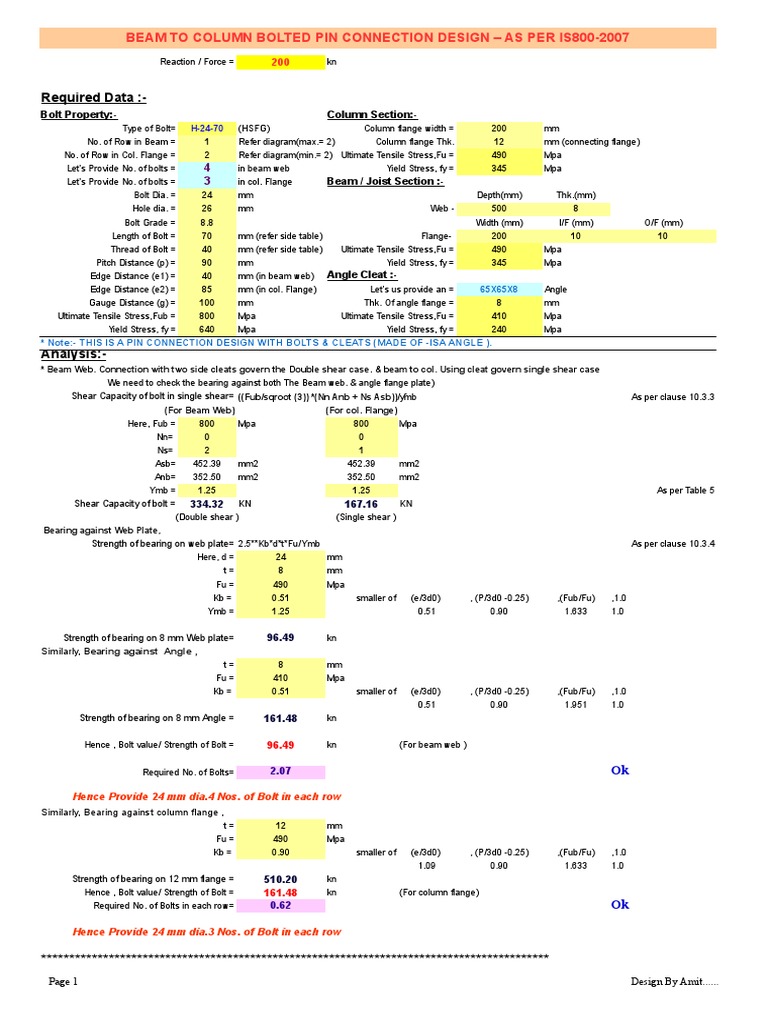 Beam To Col. Pin Connection Design | PDF | Screw | Beam (Structure)