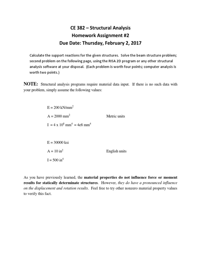 CE 382 - Structural Analysis Homework Assignment #2 Due Date: Thursday, February 2, 2017 | PDF ...