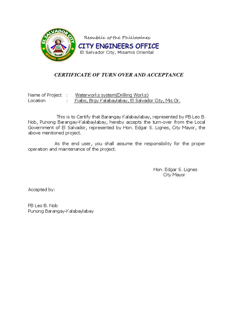 Certificate of Turnover and Acceptance | PDF