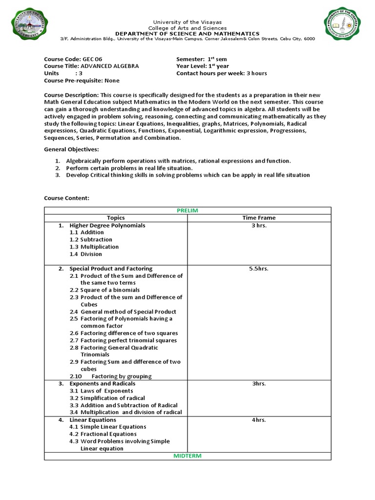 Course Outline-Advanced Algebra | PDF | Factorization | Matrix ...