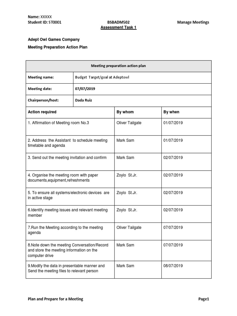 Meeting Preperation Action Plan BSBADM502 | PDF | Data Management ...