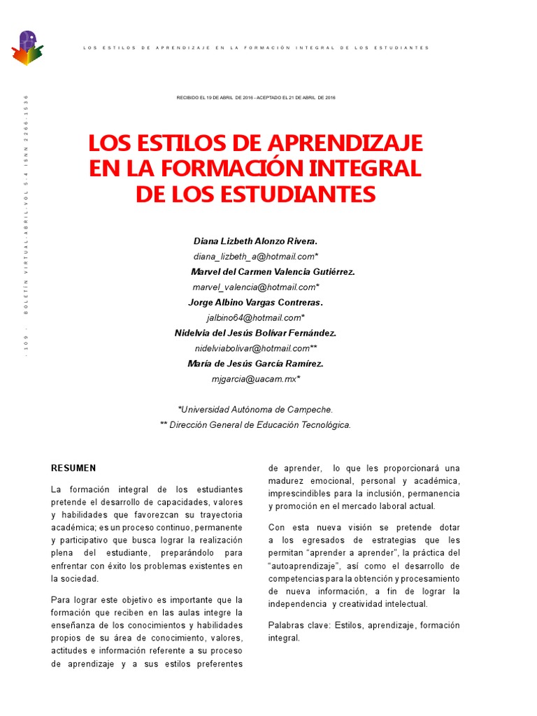 Estilos de Aprendizaje en Formación Integral | PDF | Aprendiendo ...