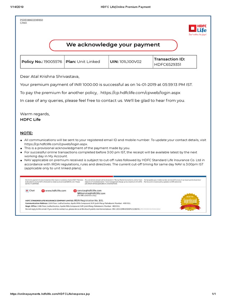 HDFC Life - Online Premium Payment PDF | PDF