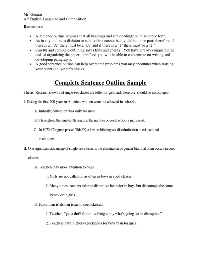 Outline Sample - Complete Sentence PDF | PDF | Gender | Gender Studies