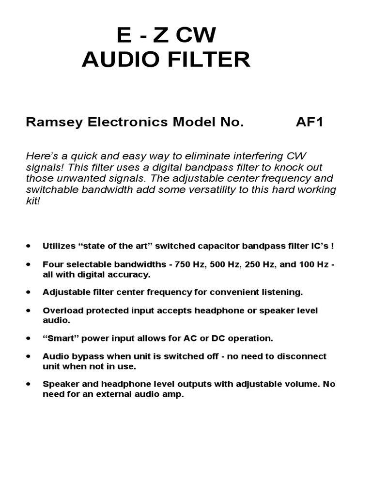 Ramsey AF1 - E-Z CW Audio Filter PDF | PDF | Electronic Filter ...
