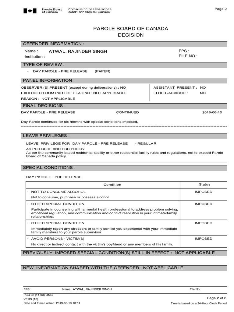 Atwal Parole Docs | PDF | Parole | Violence